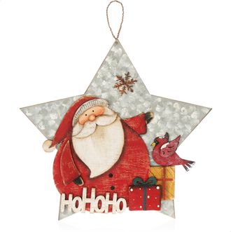 Com-Four Hängedeko Weihnachten - Holz-Aufhänger in Sternform - Großes Deko-Herz mit Weihnachtsmann - Christmas Wanddeko (Hohoho - Stern)