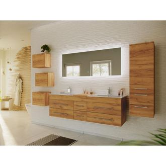 Magnolia Home Badm&ouml;belset Roma XL 4-teilig LED-Spiegel Seitenschrank 3er Boxen eiche gold