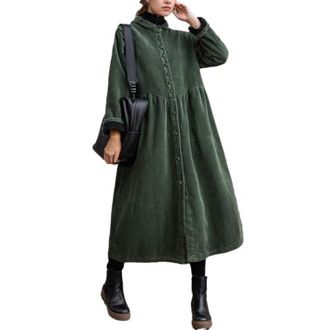 Generic Veste en velours c&ocirc;tel&eacute; pour femme manteau long chaud d&eacute;contract&eacute; l&acirc;che vintage &agrave; manches longues boutonn&eacute; col &agrave; revers surdimensionn&eacute; (Vert,S)