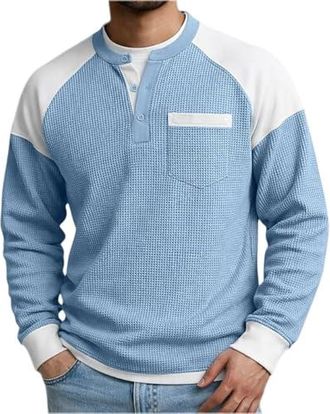 Generic T-shirts gaufr&eacute;s pour homme avec demi-boutons Henry - Manches longues - Col en V - Grande taille - Doux et respirant - Costume de sport pour cadeaux q