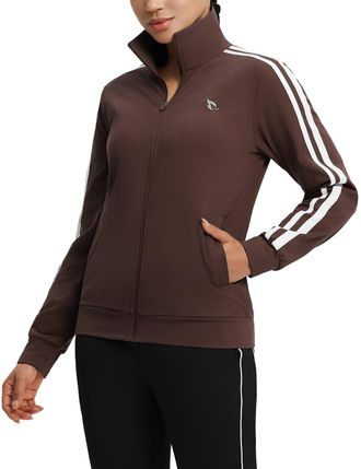 Baleaf Laufjacke Damen Stehkragen Sweatjacke Thermo Sportjacke mit Taschen Langarm Running Jacket Braun+wei&szlig; XXL