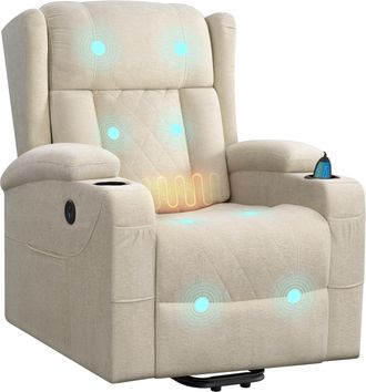 Woltu Massagesessel, elektrisch verstellbar, mit Liegefunktion Aufstehhilfe, Massage Heizung Fu&szlig;st&uuml;tze Seitentaschen Becherhaltern USB-Port, Frottee, Beige