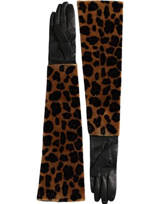 Dolce & Gabbana Womens Brown Black Leopard Leather Elbow Length Gloves And Viscose