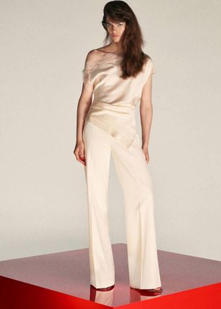 Mango Haut satin&eacute; asym&eacute;trique avec d&eacute;tails en dentelle &eacute;cru - Femme - S - MANGO