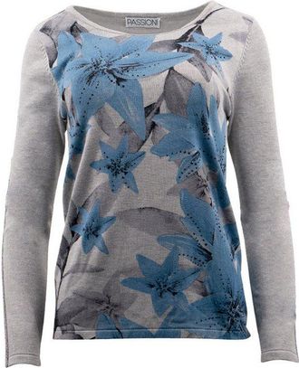 Passioni Strickpullover mit Blumenprint und feinen Glitzerdetails