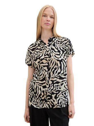 Tom Tailor Damen Basic Kurzarm-Hemdbluse, black cut palmtree design, 40