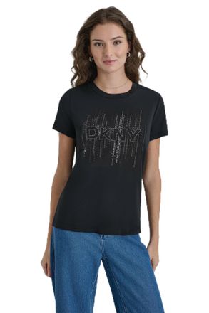 DKNY Womens Short Sleeves Zip Multi Hotfix Logo Tee, White, Medium