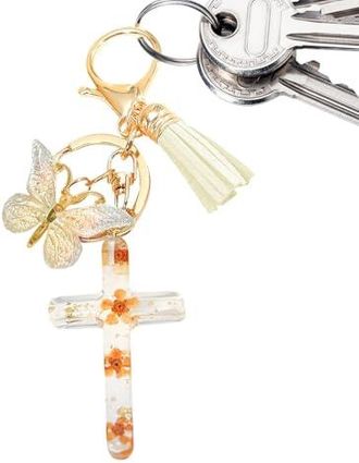 Generic Porte-clés crucifix à pompons - Élégant pendentif catholique | Porte-clés ornement crucifix à paillettes | Pendentif à paillettes | Pendentif papillon