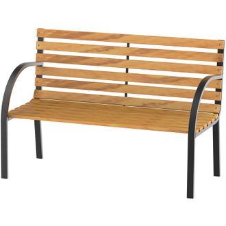 OUTSUNNY Banc de jardin 2 places style rural chic assise dossier &agrave; lattes bois naturel lasur&eacute; ch&acirc;ssis acier &eacute;poxy noir