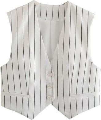 Generic Vestes pour femmes 2026 &agrave; la mode courte sans manches &eacute;l&eacute;gante col en V boutonn&eacute;e veste pour un usage quotidien &eacute;l&eacute;gant tenue d&eacute;contract&eacute;e, blanc, XS