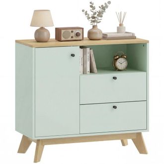HOMCOM Buffet salon - HOMCOM - porte, 2 tiroirs, compartiment ouvert et &eacute;tag&egrave;re r&eacute;glable - MDF - 80 x 35 x 76,3 cm - vert clair et ch&ecirc;ne