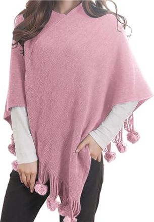 Generic Poncho tendance à col en V pour femme avec pompons de couleur unie - Ponchos à franges en cachemire doux pour soirée, mariage, rose, taille unique
