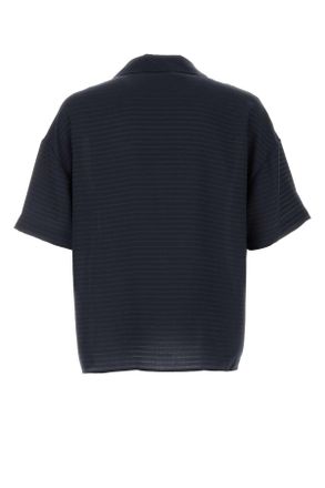 Saint Laurent Mens Navy Blue Silk Oversize Polo Shirt Bleunuit Exterior