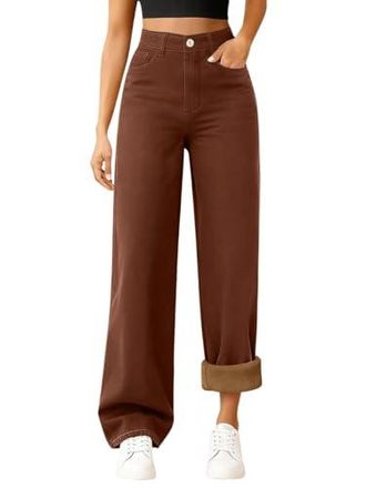 Minetom Jean Doubl&eacute; Polaire Femme Taille Haute Pants en Denim Thermique Hiver Chaud &Agrave; Jambes Larges Fourr&eacute; Ample D&eacute;contract&eacute; Trousers I Marron XL