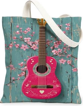 Generic Sacs fourre-tout en toile pour guitare florale, motif floral floral, sacs d&eacute;picerie r&eacute;utilisables, l&eacute;gers et lavables, p&ecirc;che, 13x15 Inch