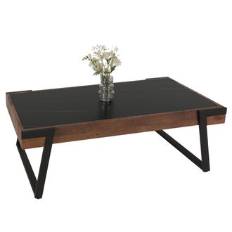 Mendler Couchtisch HWC-L89, Sofatisch Wohnzimmertisch, Eisen 43x120x64cm Sinterstein Marmor-Optik schwarz Holz Dunkelbraun