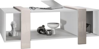 Vladon Couchtisch Ida 110,5 x 42 x 56,5 cm Wohnzimmertisch mit DREI Fächern, Korpus in Weiß matt, Blenden in Sandgrau Hochglanz | Große Farbauswahl