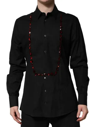 Dolce & Gabbana Mens Black Crystal Embellished Gold Dress Shirt Cotton