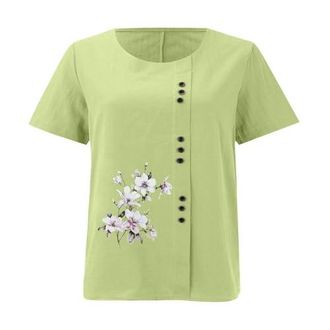 Generic Haut ample d&eacute;contract&eacute; &agrave; manches courtes et col rond en lin pour femme, chemisier d&eacute;t&eacute; &agrave; motif floral pour la plage, les vacances et les voyages, vert