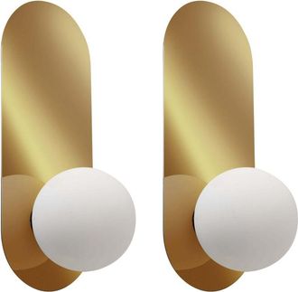 Beliani Wandleuchte 2er Set Gold Metall Oval 1-Flammig mit Milchglas-Kugel Retro-Design Wandlampe f&uuml;r Innenbereich Schlafzimmer Wohnzimmer Esszimmer