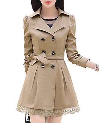 DianShao Double Breasted Manteau Bowknot Long Trench avec Ceinture en Dentelle Et Hem Kaki XL