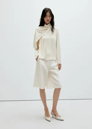 Mango Blouse &agrave; col montant avec d&eacute;tail de foulard &eacute;cru - Femme - S - MANGO