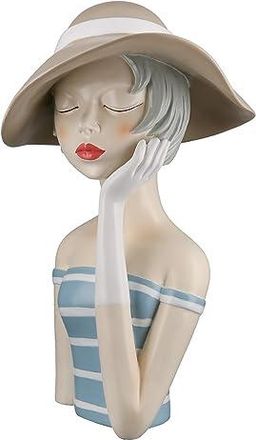 Gilde Deko Skulptur Figur Lady - mit Hut rote Lippen - Dekoration Badezimmer Wohnzimmr - Höhe 32 cm - blau weiß Creme