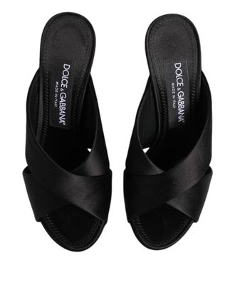 Dolce & Gabbana Womens Black Logo Keira Satin Slides Sandals Shoes Viscose Silk