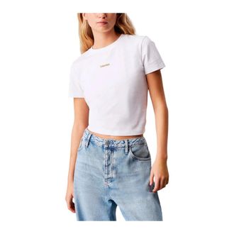 Calvin Klein Jeans Femme, Tops, Blanc, Taille: 36 FR T-shirt uni en coton à col rond et enfilable Calvin Klein Jeans