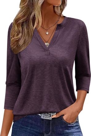 Onsoyours Shirt Damen 3/4 Arm Pullover Herbst Oberteile V-Ausschnitt Tshirt Sommer Tops Basic Shirt A Violett 01 XXL
