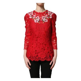 Dolce & Gabbana Femme, Blouses et Chemises, Rouge, Taille: 32 FR Haut &agrave; Manches Longues avec Dentelle et Broderie Florale