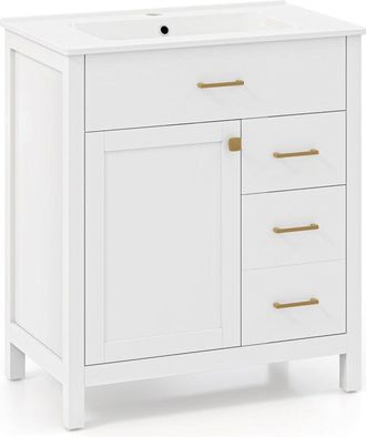 Costway Costway - Meuble bas de salle de bain avec lavabo en c&eacute;ramique - 2 tiroirs et armoire de rangement - Dimensions 76x46,5x86 cm - Blanc et or