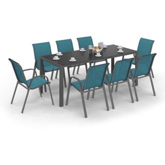 IDMarket Salon de jardin MADRID table 190 CM et 8 chaises empilables bleu canard