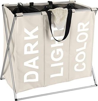WENKO W&auml;schesammler Trio, W&auml;schekorb 3 F&auml;cher, mit Tragegriffen, Aluminium-Gestell, faltbar, 130 Liter Volumen, (B x H x T): 63 x 57 x 38 cm, Beige