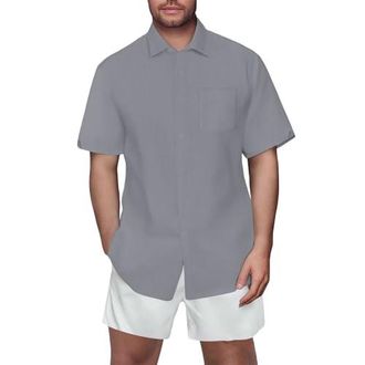 Generic T-shirt en lin blanc pour homme - Chemise en lin &agrave; manches courtes - Chemise en coton boutonn&eacute;e - Coupe ajust&eacute;e - Pour homme, gris, XXL