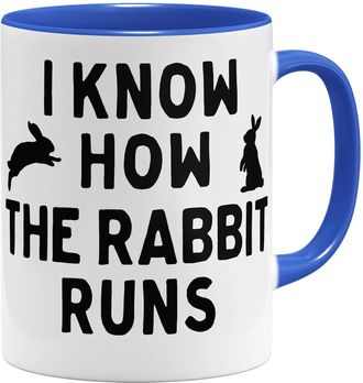 OM3 I know how the rabbit runs - Tasse mit Spruch Denglisch - Keramik Becher - 11oz 325ml - Beidseitig Bedruckt - Blau