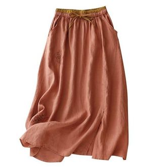 Generic Jupe en coton et lin pour femme - Vintage - Broderie - Jupe midi - Ligne A - Taille &eacute;lastique - Jupe maxi - L&eacute;g&egrave;re - &Eacute;l&eacute;gante et d&eacute;contract&eacute;e - Pour f