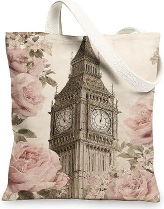 Generic Sacs fourre-tout vintage en toile motif rose, sacs à provisions réutilisables, légers et lavables avec bandoulière en toile Ba, pêche, 13x15 Inch