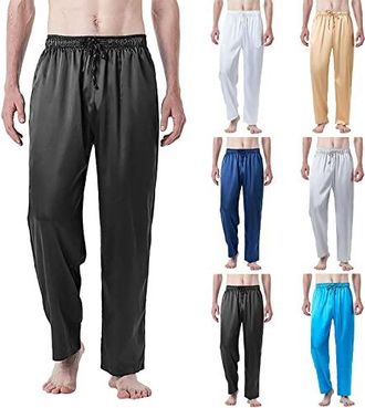 Generic Pantalon de pyjama en soie synth&eacute;tique pour homme, pantalon de pyjama en soie synth&eacute;tique de couleur unie, l&eacute;ger et respirant, pantalon d&eacute;contract&eacute; et