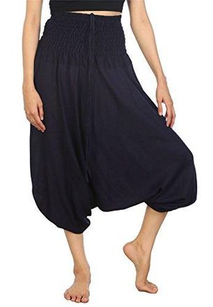 Lofbaz Femmes Solide Smocked Taille 2 en 1 Harem Combinaison Pantalon Bleu Foncé XL