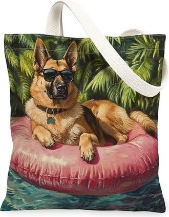 Generic Sac fourre-tout d&eacute;t&eacute; en toile motif berger allemand 33 x 38,1 cm, sac d&eacute;picerie r&eacute;utilisable pour femme, peinture esth&eacute;tique, d&eacute;coration cadeau