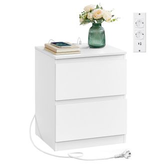 Vasagle Kailyn Kollektion - Nachttisch mit Steckdosenleiste, Beistelltisch 2 Schubladen, 2 AC-Steckdosen, 2 USB-A-Anschl&uuml;sse, f&uuml;r Schlafzimmer, wolkenwei&szlig; LET