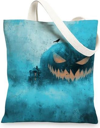 Generic Sacs fourre-tout en toile dHalloween, motif citrouille et maison hantée, sacs dépicerie réutilisables, vintage, légers, lavables à lépaule S, bleu, 13