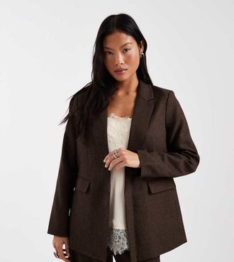 Vero Moda Petite Blazer densemble oversize aspect tweed coupe ajust&eacute;e - Chocolat-Brown