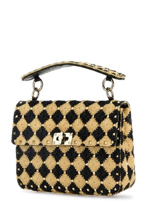 Valentino Garavani Womens Two-Tone Raffia Medium Rockstud Spike Handbag Naturalenero Borse A Mano Bag