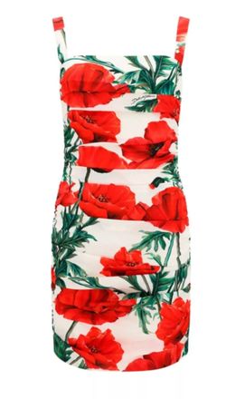 Dolce & Gabbana White Poppy Ruched Midi Dress Size 40