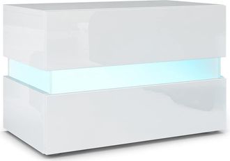 Vladon Nachttisch Flow, Made in Germany, Nachttischschrank mit Schublade Wei&szlig; Hochglanz/Wei&szlig; Hochglanz, inkl. LED-Beleuchtung (60 x 45 x 39 cm)