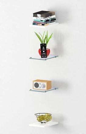 Dmora Set mit 4 Wandregalen, Made in Italy, 2 Regale aus gehärtetem Glas und zwei aus glänzend weißem Laminat, cm 20x27h1,6, Farbe weiß glänzend