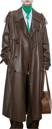 Generic Manteau Trench Femme en Peau de Mouton - Automne Hiver Revers Double Boutonnage Ceinture L&acirc;che Longue Veste en Cuir V&eacute;ritable, Caf&eacute; noir, S