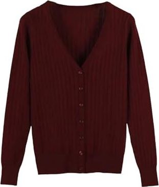 Generic Cardigan tricot&eacute; tendance &agrave; col en V et manches longues pour femme, bordeaux, Taille XS